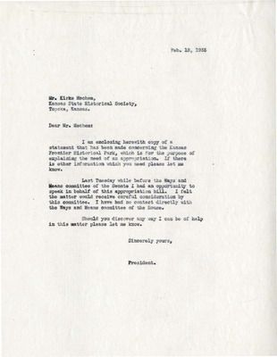 "Forwarding of a Letter Discussing the Appropriation Bill" by Fort Hays ...