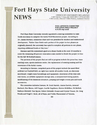 "FHSU Appoints Committee for Lewis Field Project" by Fort Hays State ...