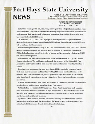 "Plaque to Honor Memory of Lewis Field Pioneers" by Fort Hays State ...