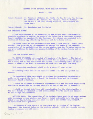 "Minutes of the Memorial Union Building Committee - April 17, 1961" by ...