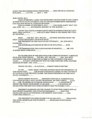 "Script for Groundbreaking Ceremonies" by Fort Hays State University