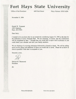 "Letter from President Hammond to President Tomanek" by Fort Hays State ...
