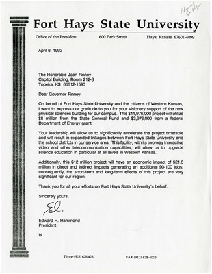 "Letter to Governor Finney" by Fort Hays State University