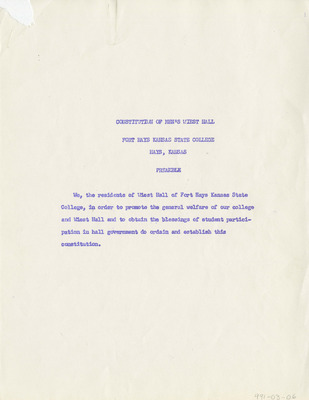 "Constitution of Men's Wiest Hall" by Fort Hays Kansas State College